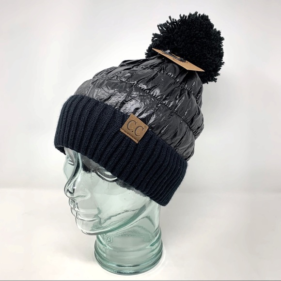 C.C | Accessories | New Cc Black Nylon Fuzzy Liner Beanie W Fur Pom ...